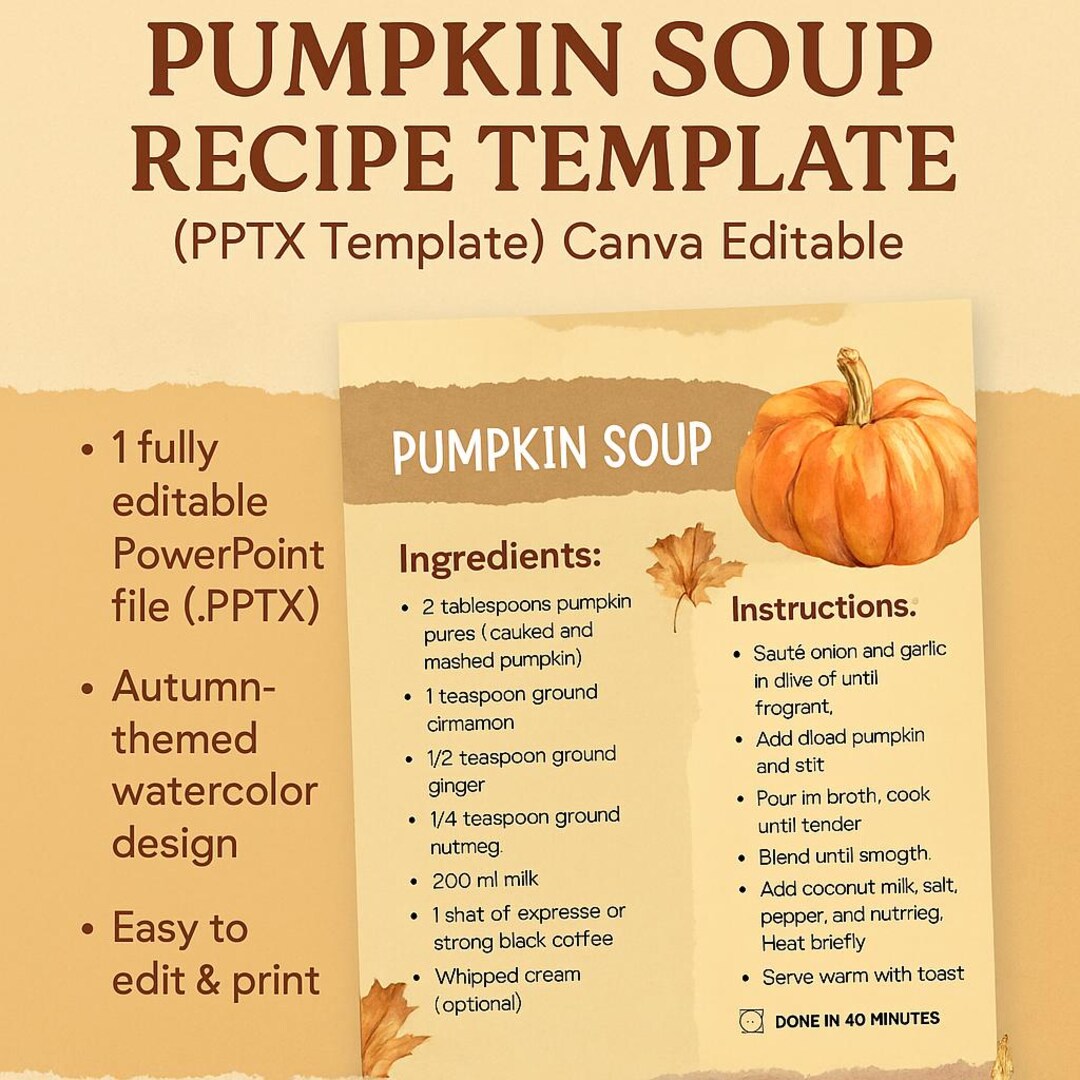 Editable & Printable Pumpkin Soup Recipe Template (PPTX Template) Canva ...