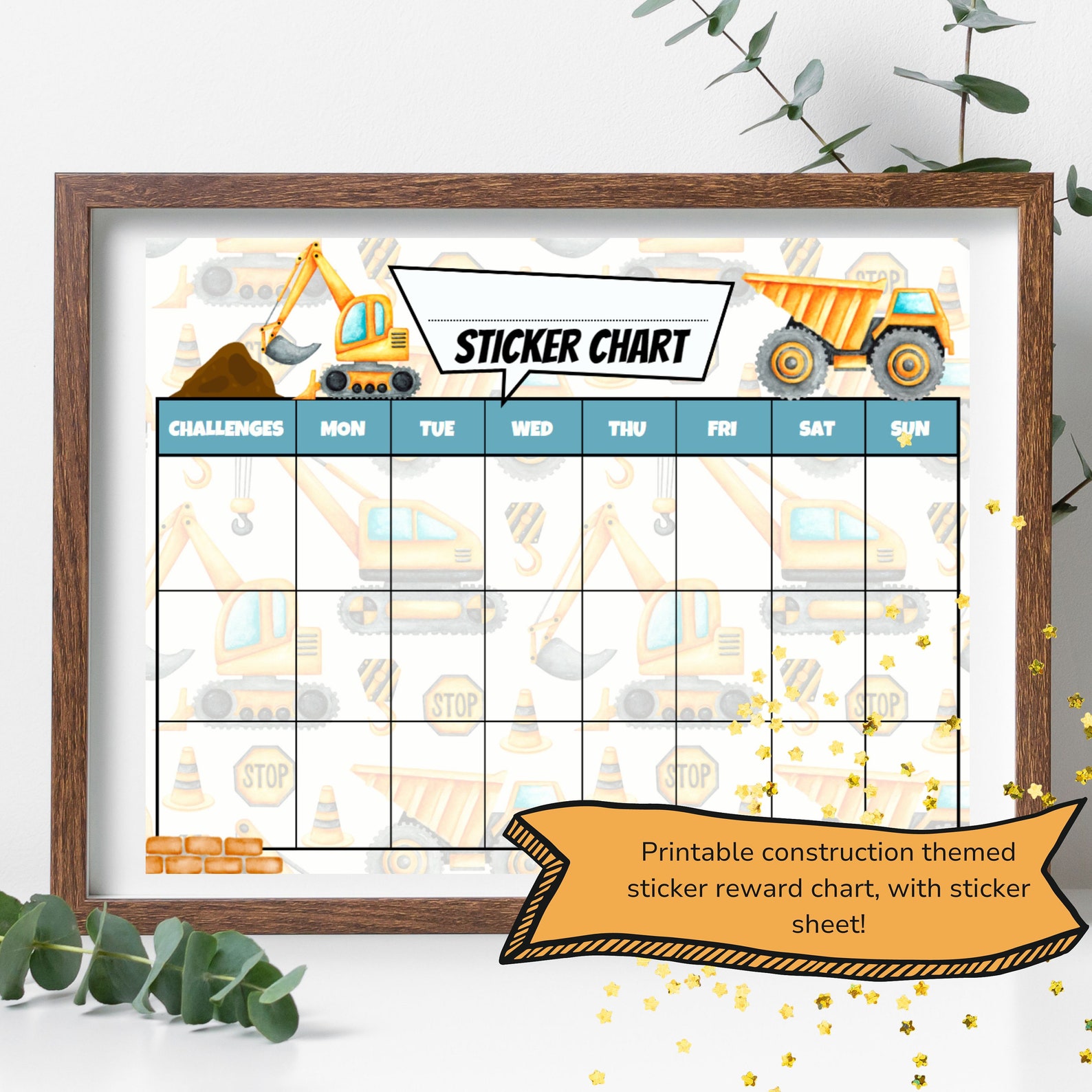 Kids' Digger Reward Chart Printable - Construction Excavator Sticker ...
