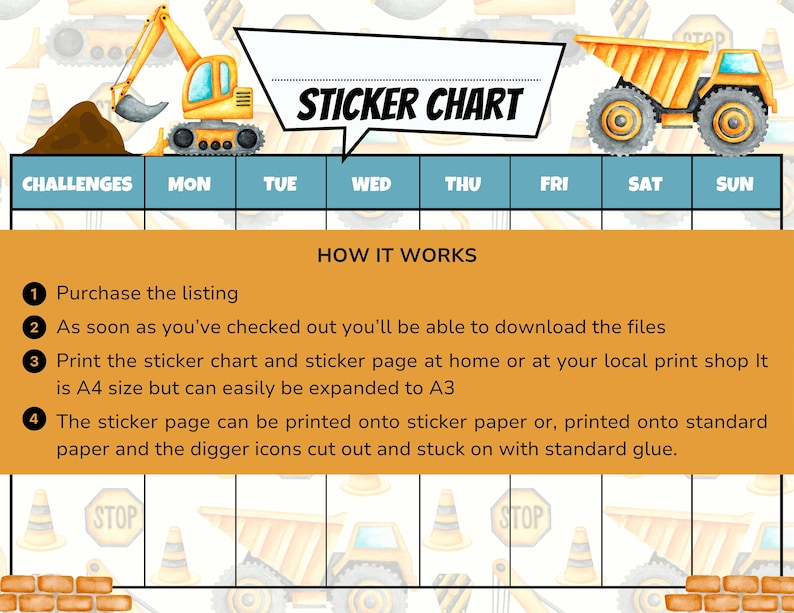 Kids' Digger Reward Chart Printable - Construction Excavator Sticker ...
