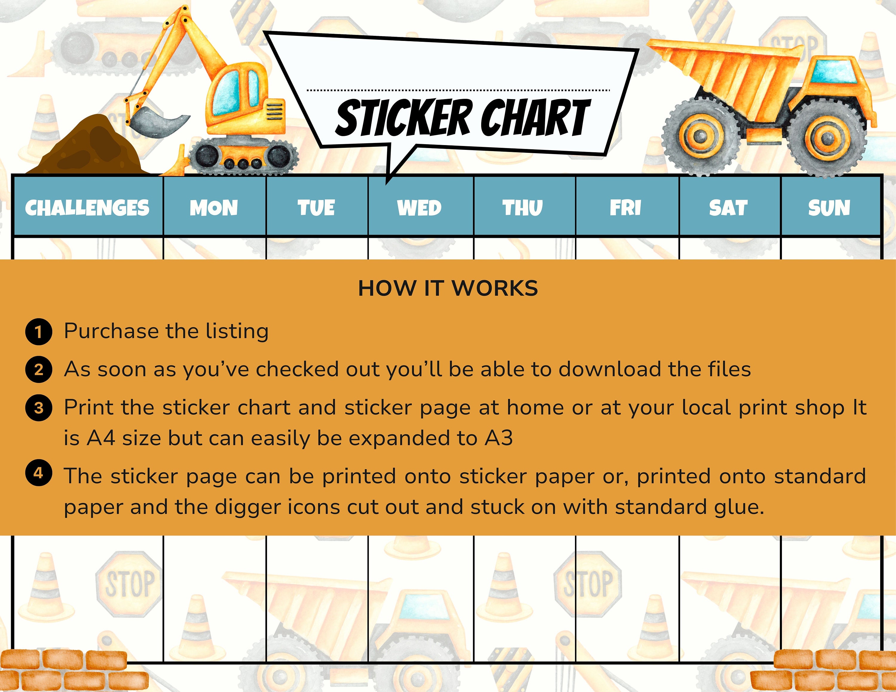 Kids' Digger Reward Chart Printable - Construction Excavator Sticker ...