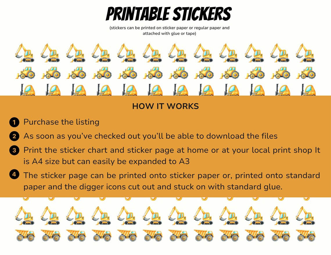 Kids' Digger Reward Chart Printable - Construction Excavator Sticker ...