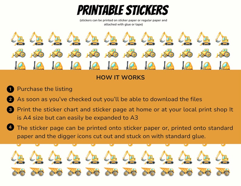 Kids' Digger Reward Chart Printable - Construction Excavator Sticker ...