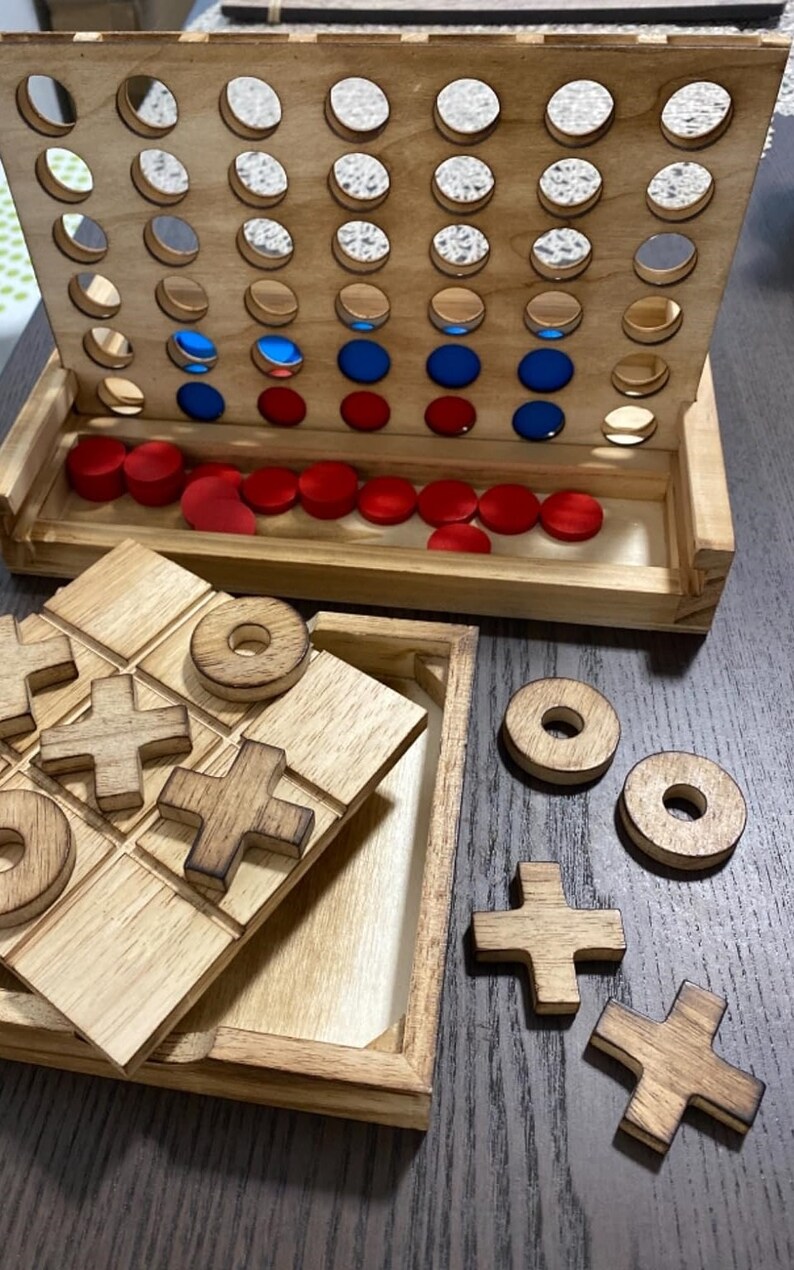 Wood Strategy Board Games Tic Tac Toe and 4 in a Row Table Games Set ...