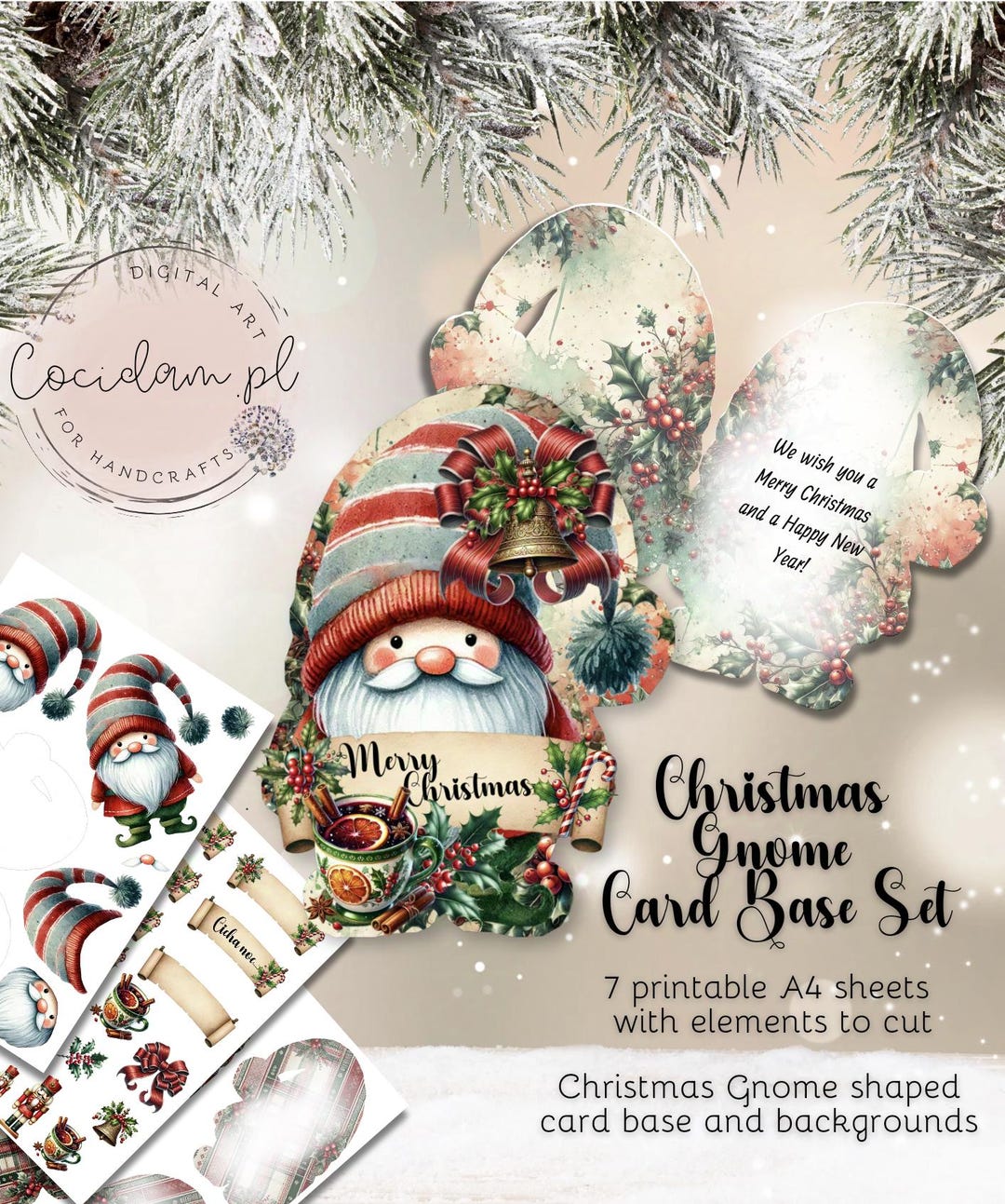Christmas Gnome Card Base Set | Printable A4 Sheets | Foldable Gnome ...