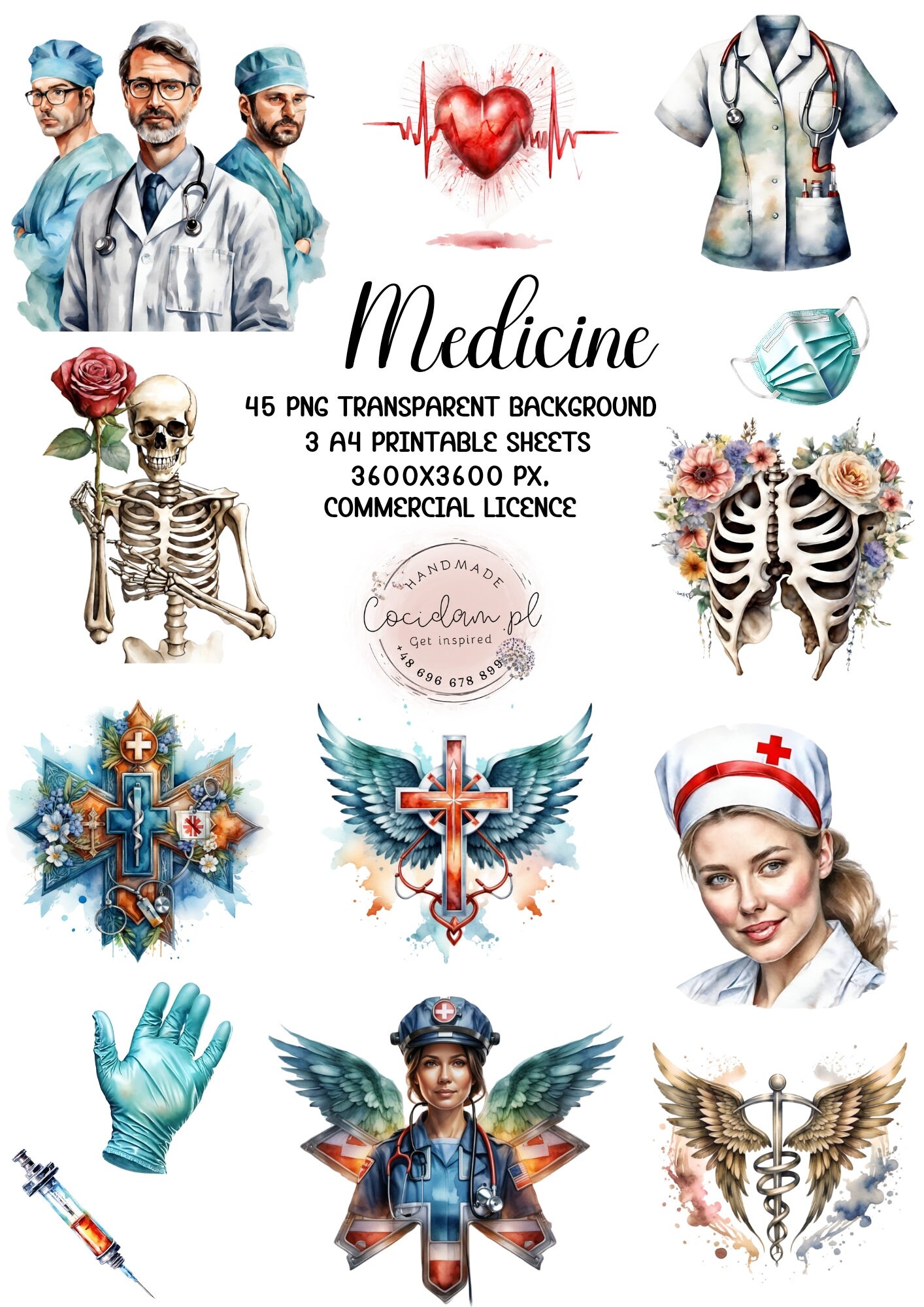 Medicine Watercolor Clipart Set, Nurse Ambulance Medical Rescue Doctors ...