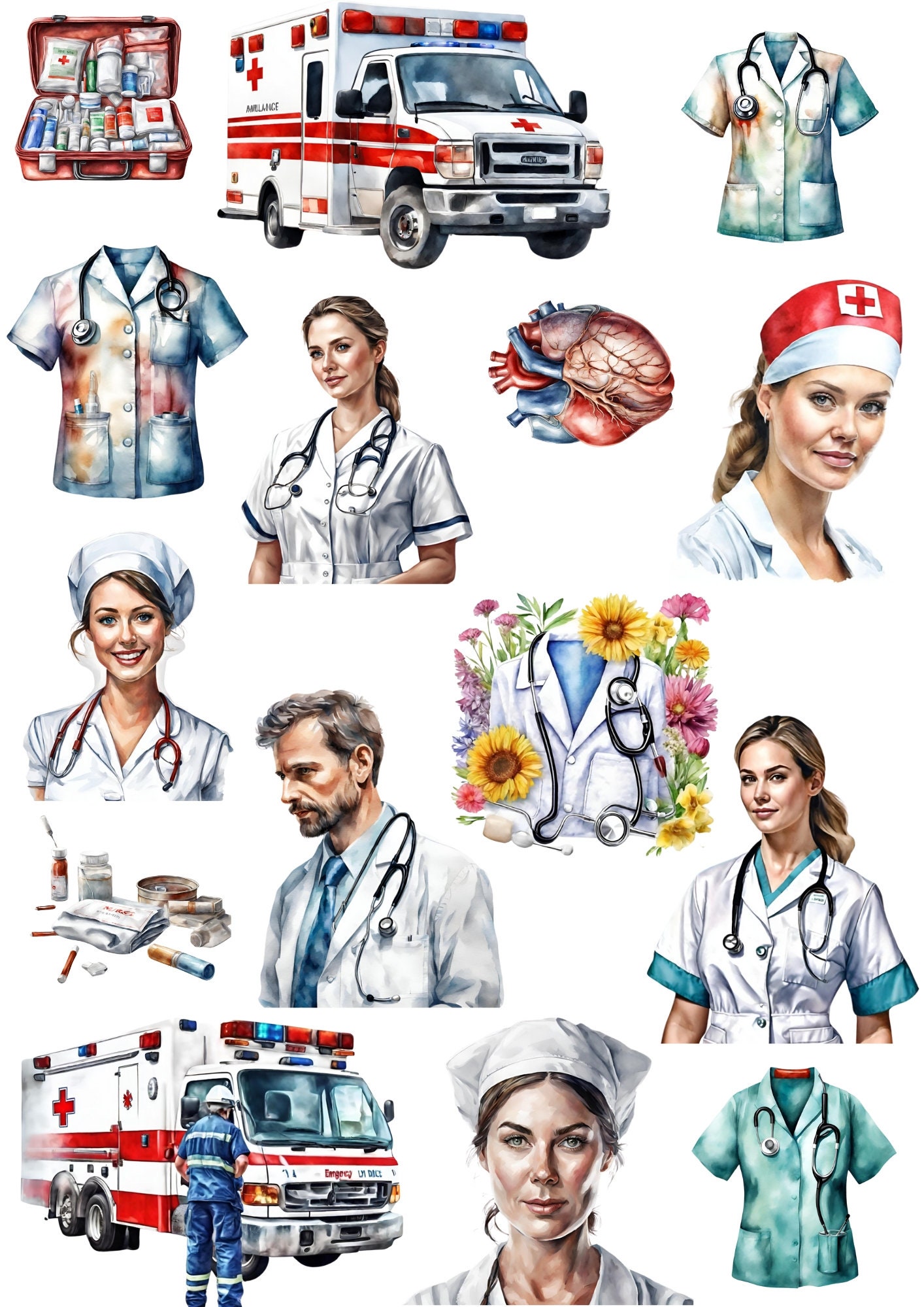 Medicine Watercolor Clipart Set, Nurse Ambulance Medical Rescue Doctors ...