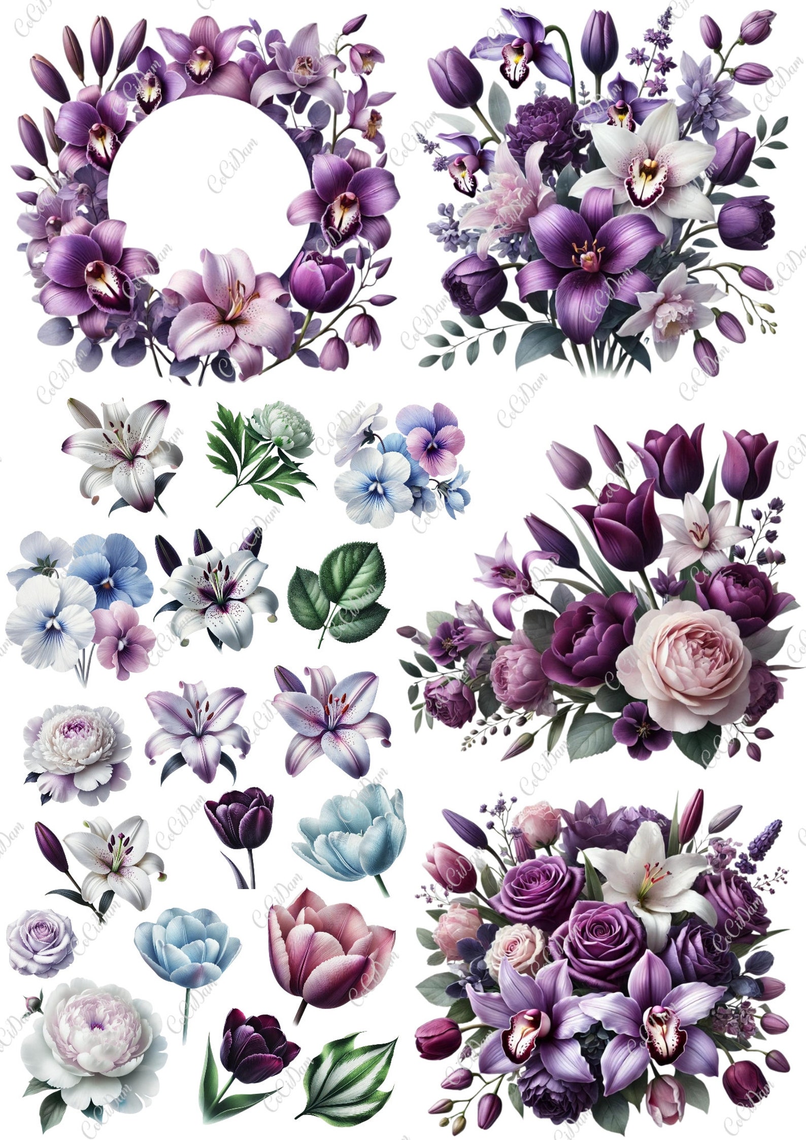 Purple Flower Collection: 50 Pngs, 26 A4 Backgrounds, 5 Cut-out Sheets ...