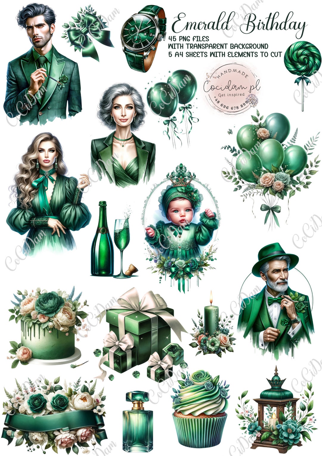 Emerald Birthday Collection - 45 PNG Files, 5 A4 Cutting Sheets ...