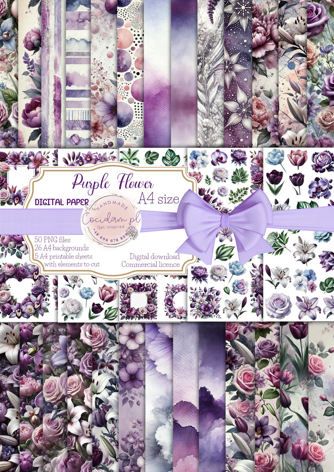 Purple Flower Collection: 50 Pngs, 26 A4 Backgrounds, 5 Cut-out Sheets ...
