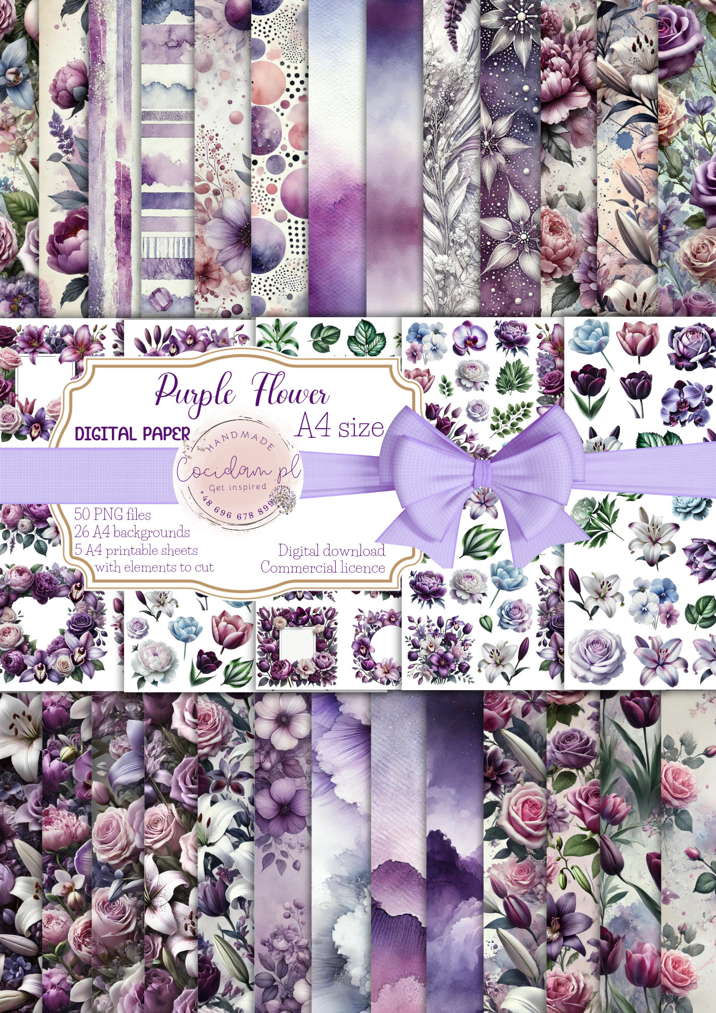 Purple Flower Collection: 50 Pngs, 26 A4 Backgrounds, 5 Cut-out Sheets ...