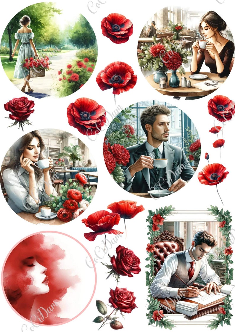 Digital Paper Pattern Clipart Set Red Poppy Commercial Licence Instant ...