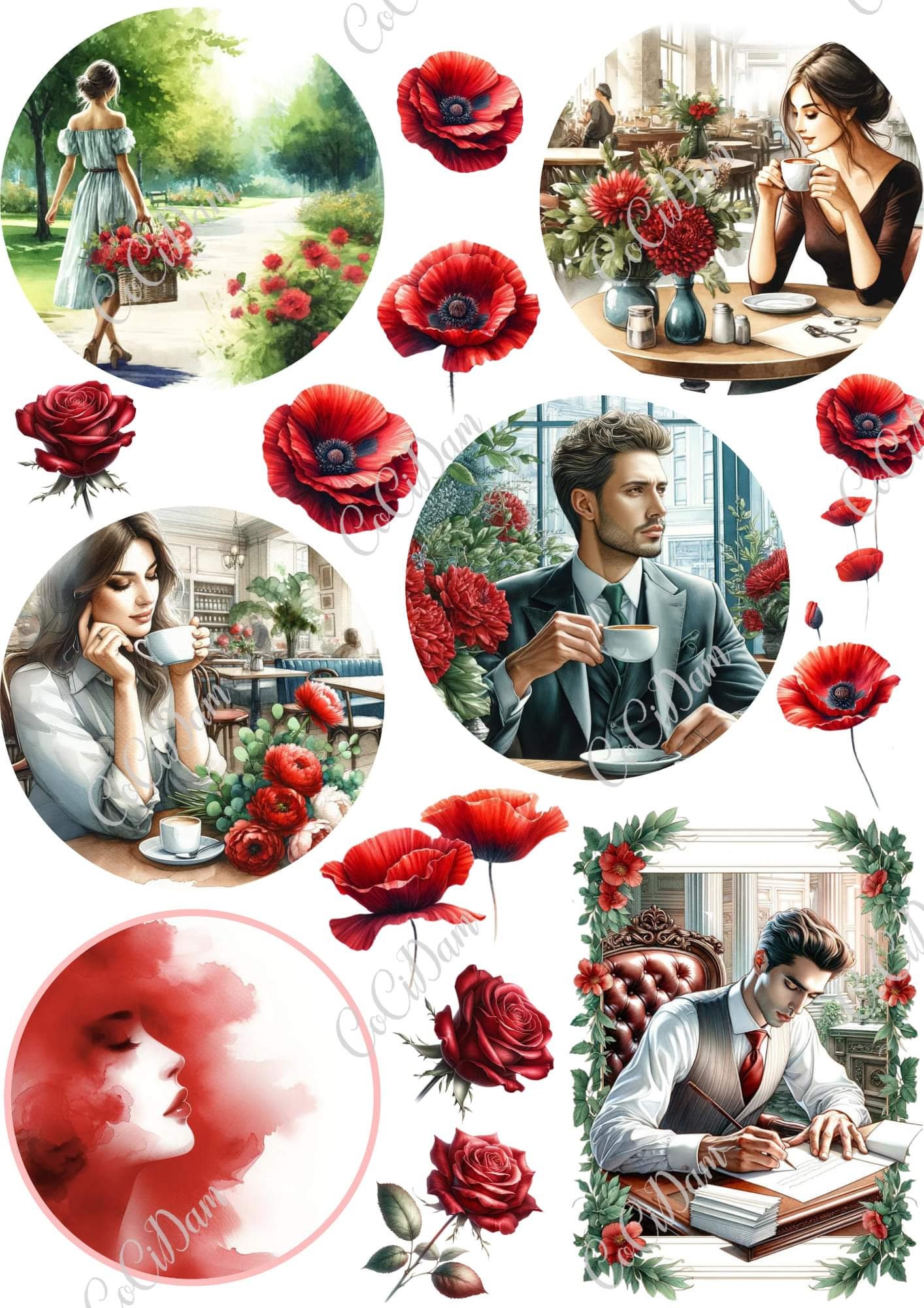 Digital Paper Pattern Clipart Set Red Poppy Commercial Licence Instant ...