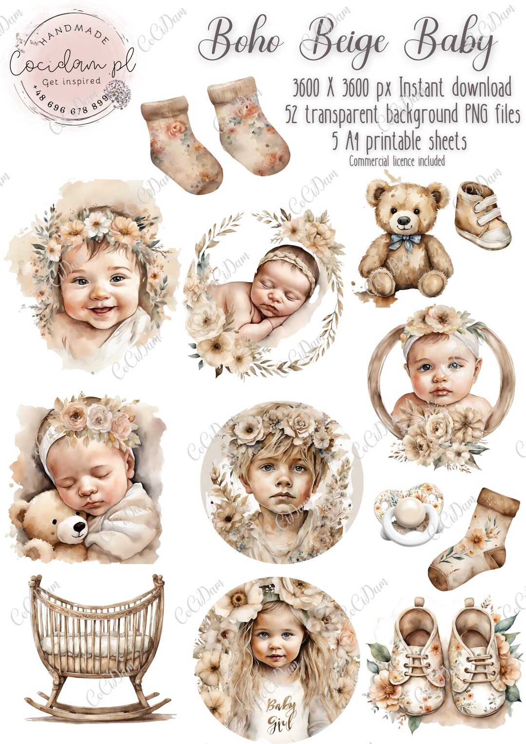 Boho Beige Baby Clipart Set Transparent Background Baby Shower Newborn ...