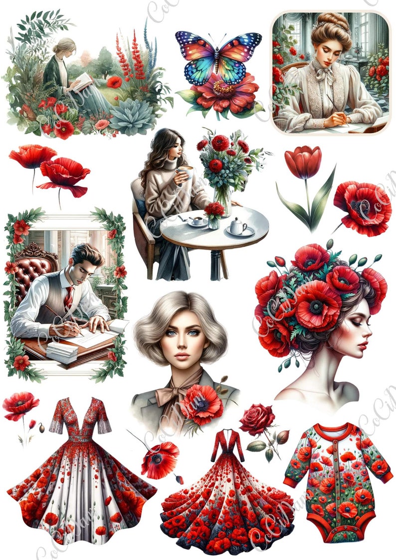 Digital Paper Pattern Clipart Set Red Poppy Commercial Licence Instant ...