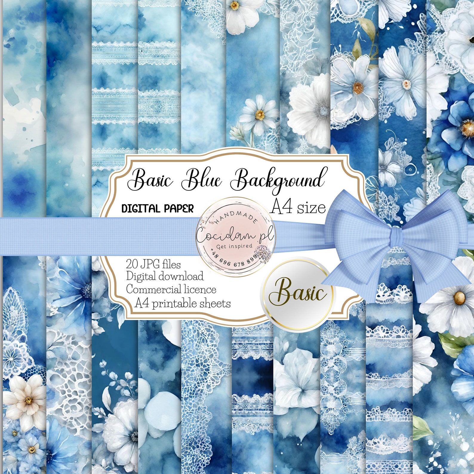 Basic Blue Watercolor Digital Background Printable JPG Flowers Pattern ...