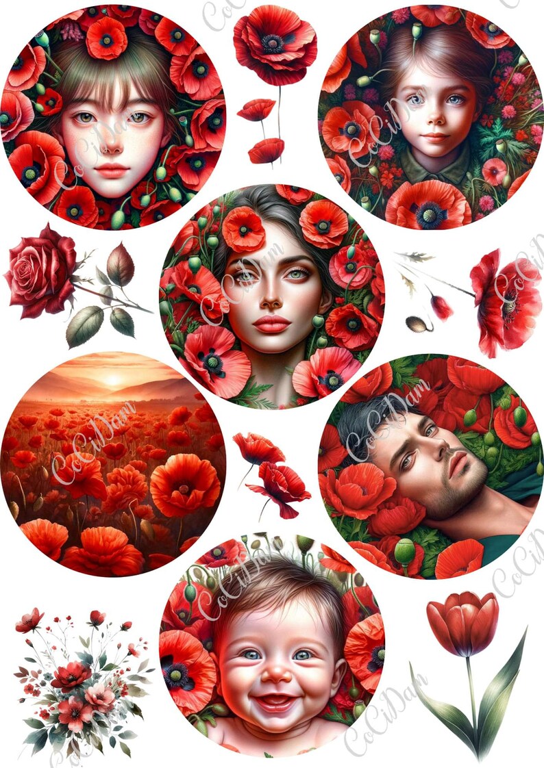 Digital Paper Pattern Clipart Set Red Poppy Commercial Licence Instant ...