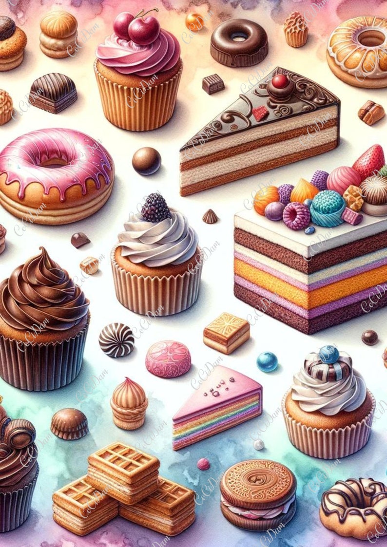 Sweets Digital Paper Clipart Set Scrapbooking Cardmaking Cake Lollipop ...