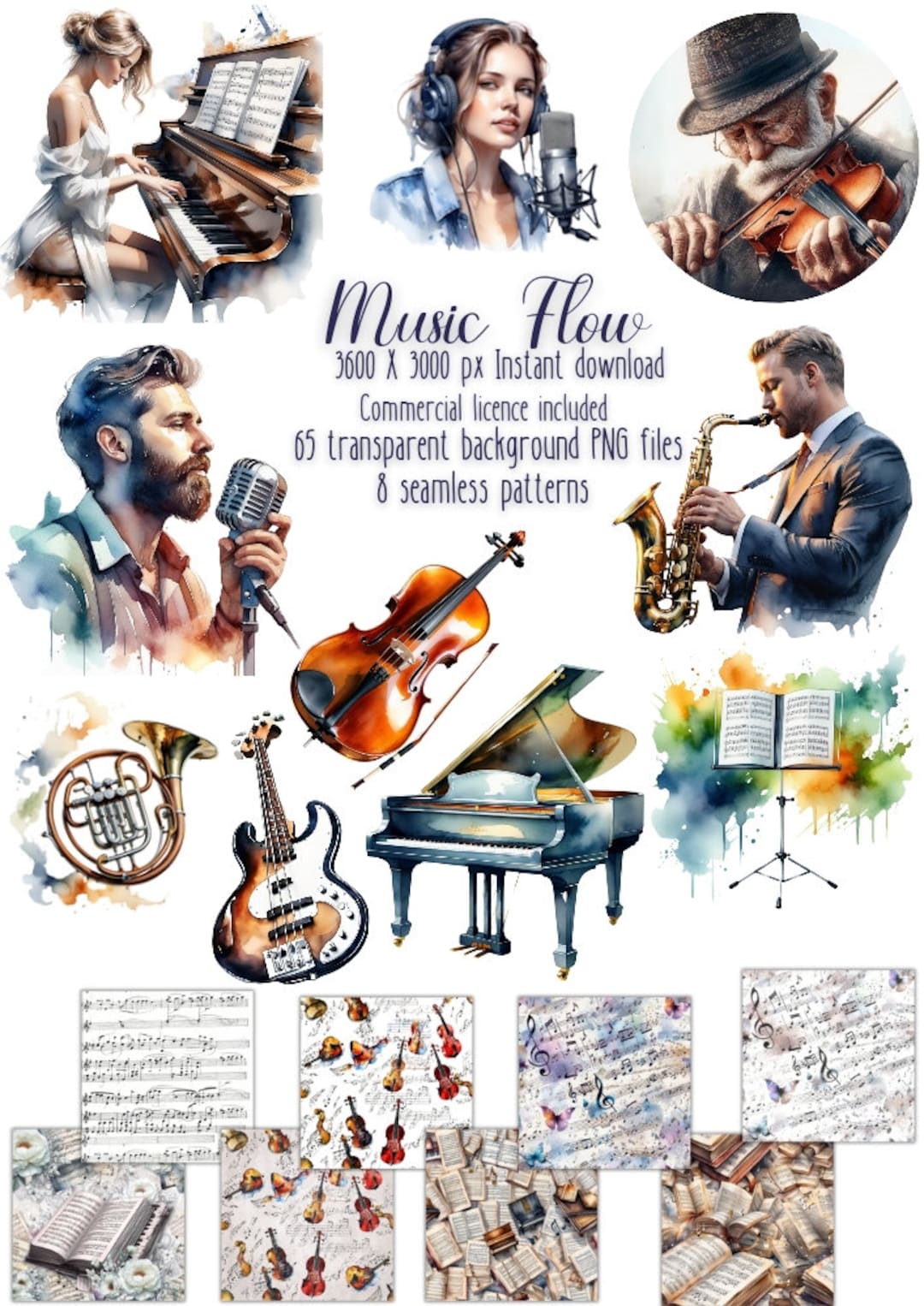 Music Flow Seamless Pattern Clipart Set Transparent Background PNG ...