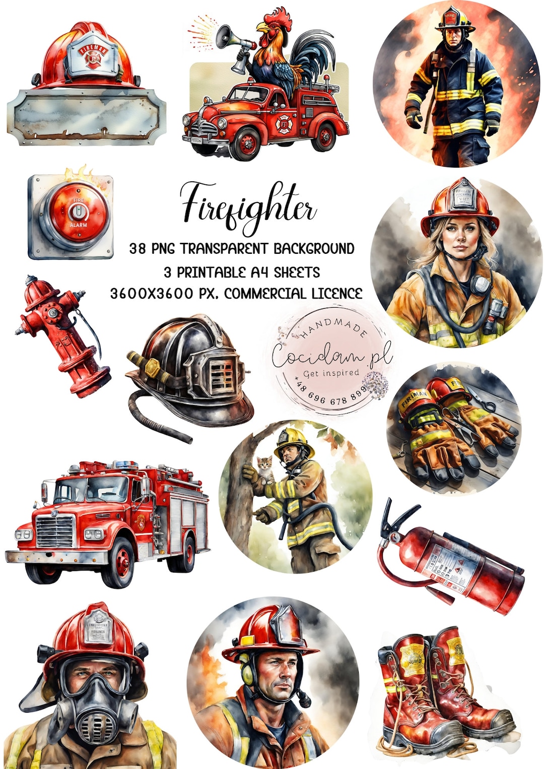 Firefighter Watercolor Clipart Set, 911 Fireman Fire Station Rescue ...
