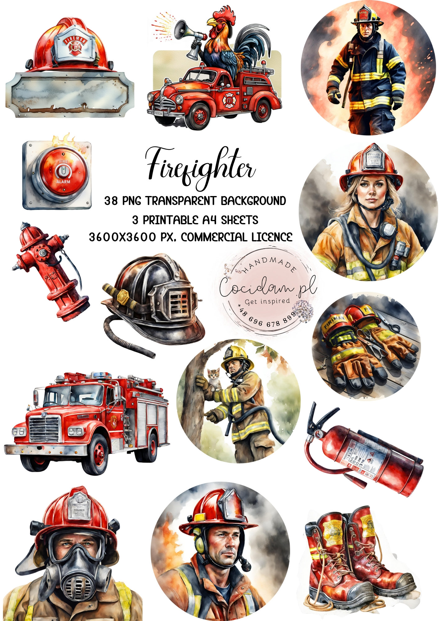 Firefighter Watercolor Clipart Set, 911 Fireman Fire Station Rescue ...