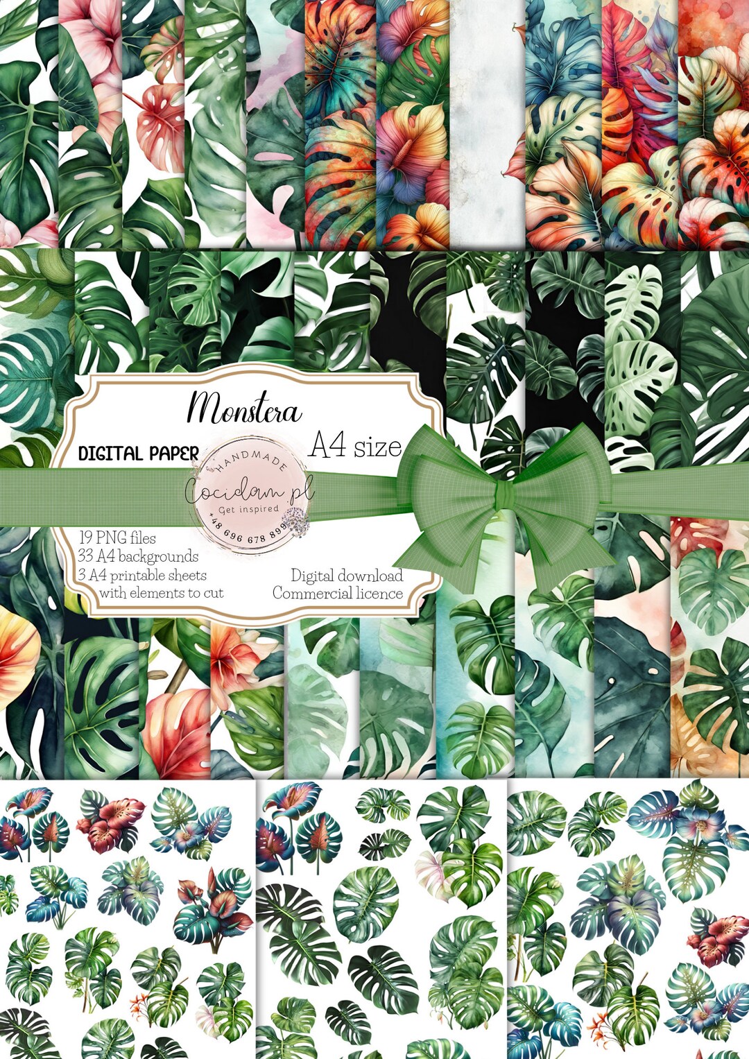 Digital Paper Leafs Pattern Clipart Set Monstera Watercolor Plant ...