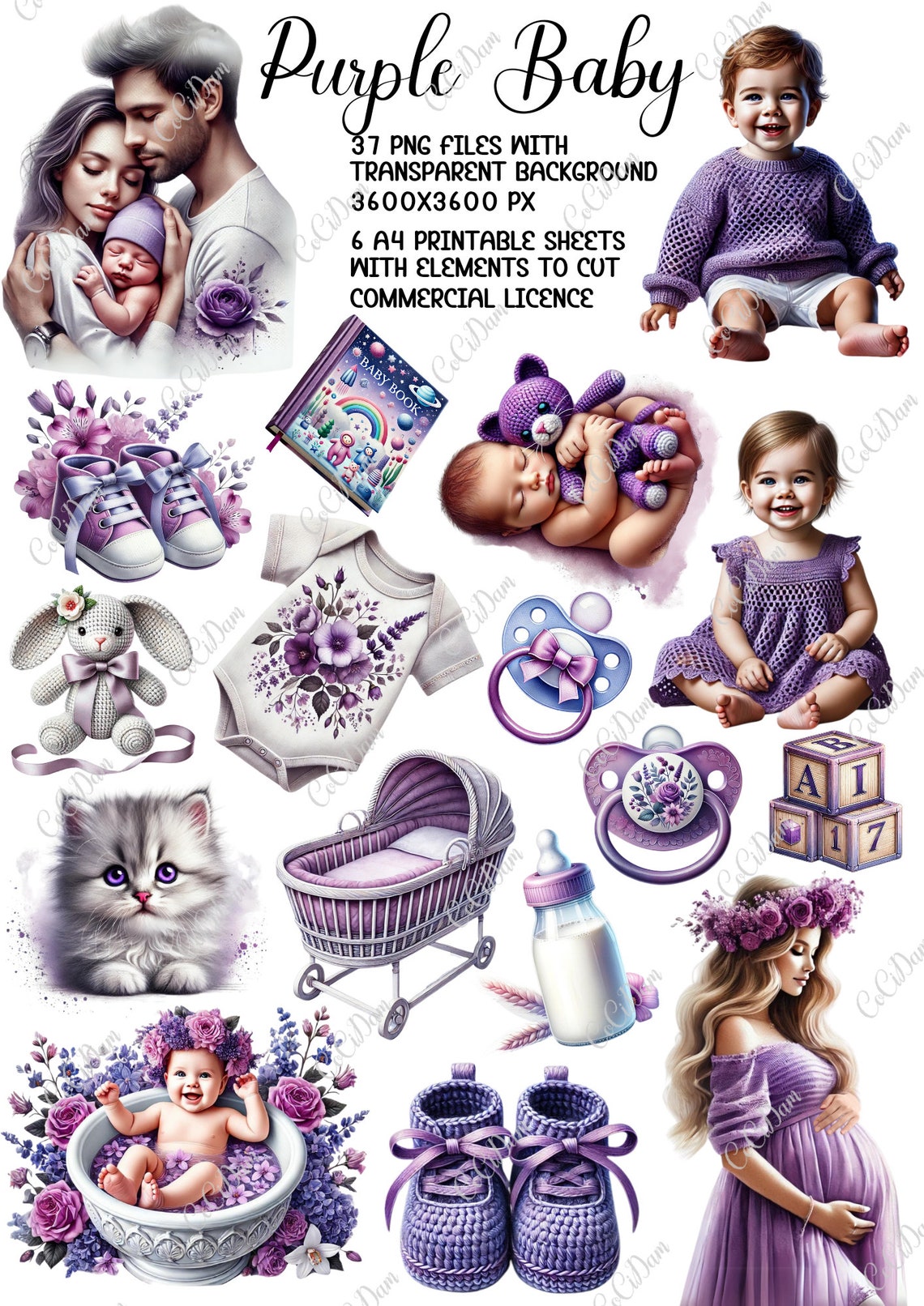 Purple Baby Digital Scrapbooking DIY Collection - 47 PNG Files & 6 A4 ...