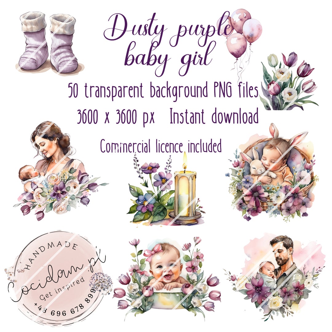 Dusty Purple Baby Girl Clipart Set Transparent Background, PNG Instant ...