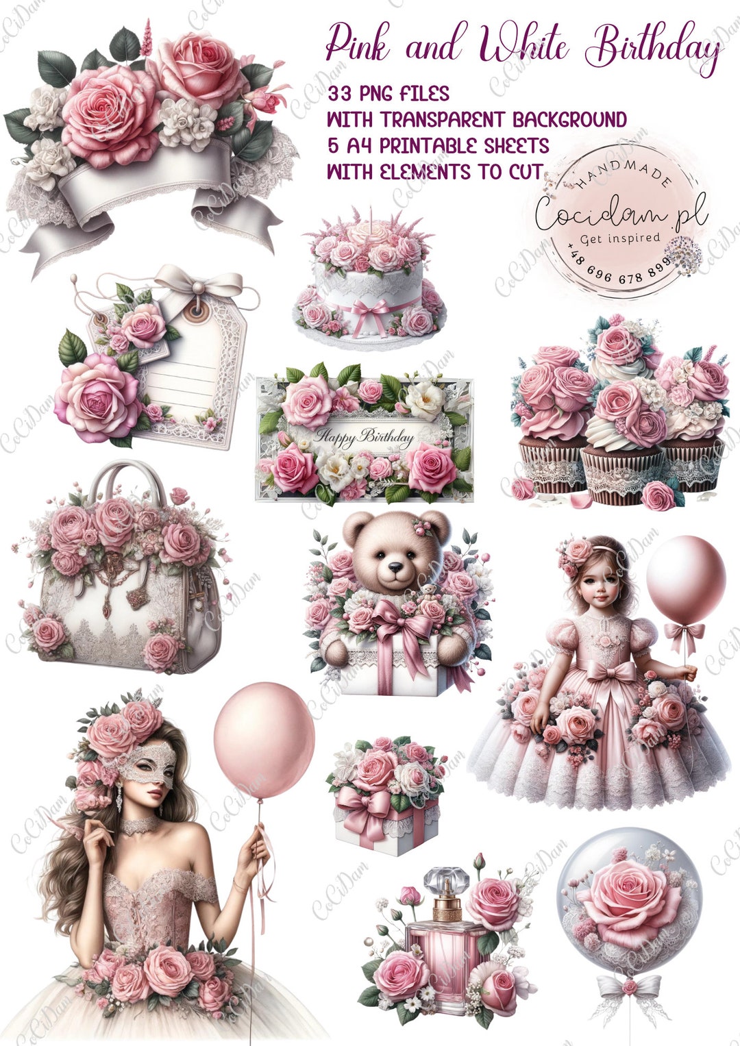 Pink and White Birthday Clipart Balloons, Cakes, Gifts, Shoes PNG Files ...
