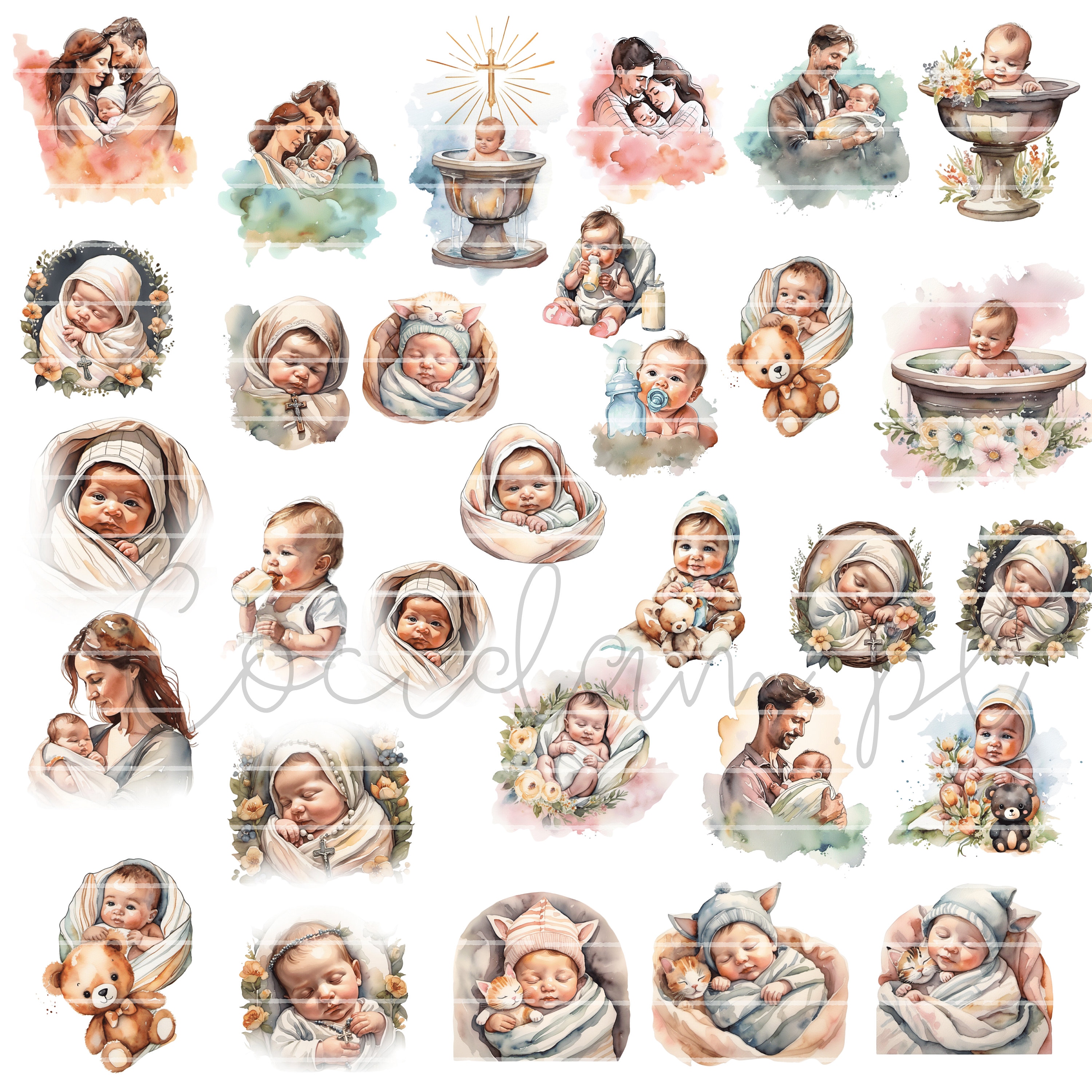Baby Neutral Clipart Set, Baptism, Christening, Mom and Dad. Commercial ...
