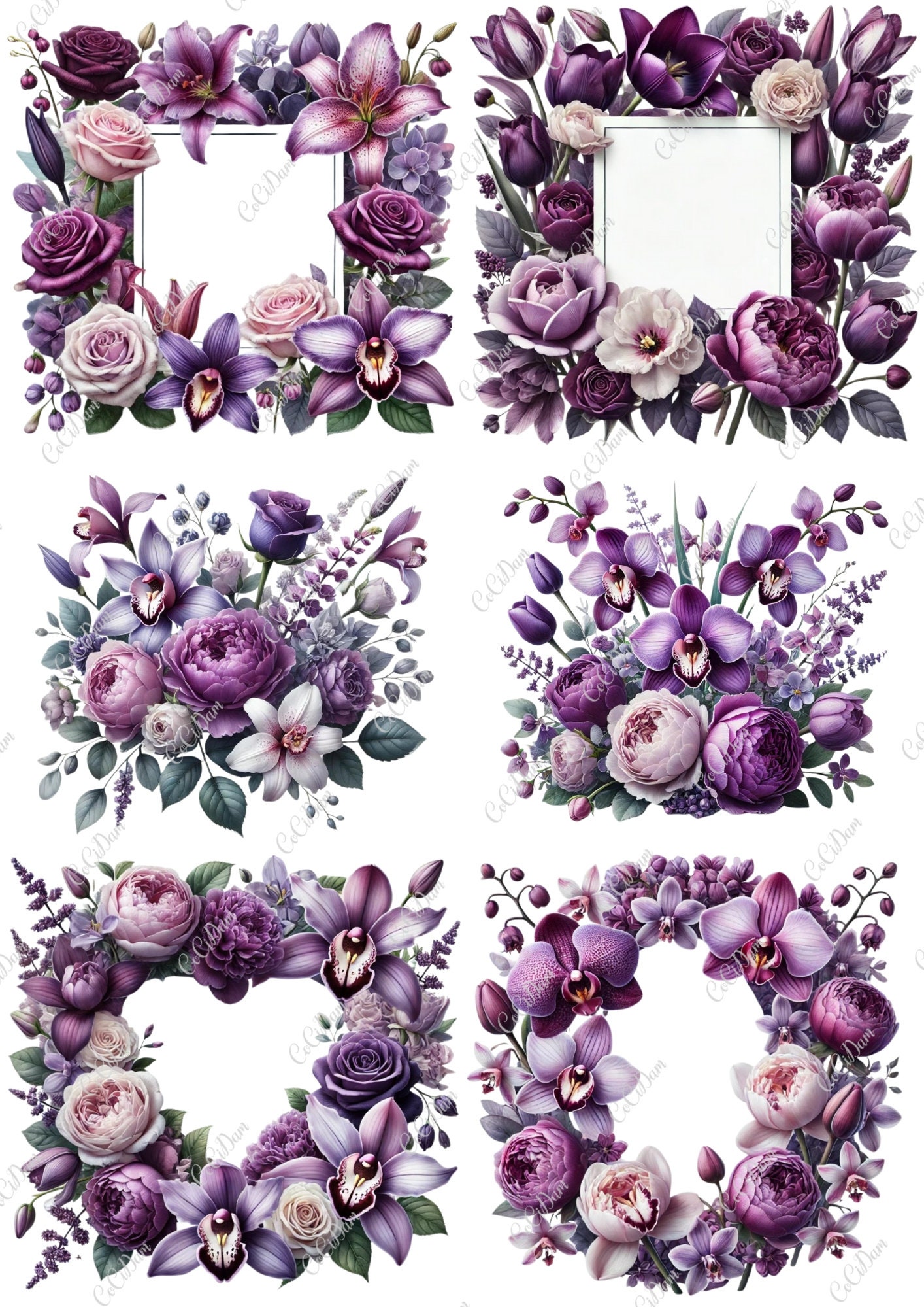 Purple Flower Collection: 50 Pngs, 26 A4 Backgrounds, 5 Cut-out Sheets ...