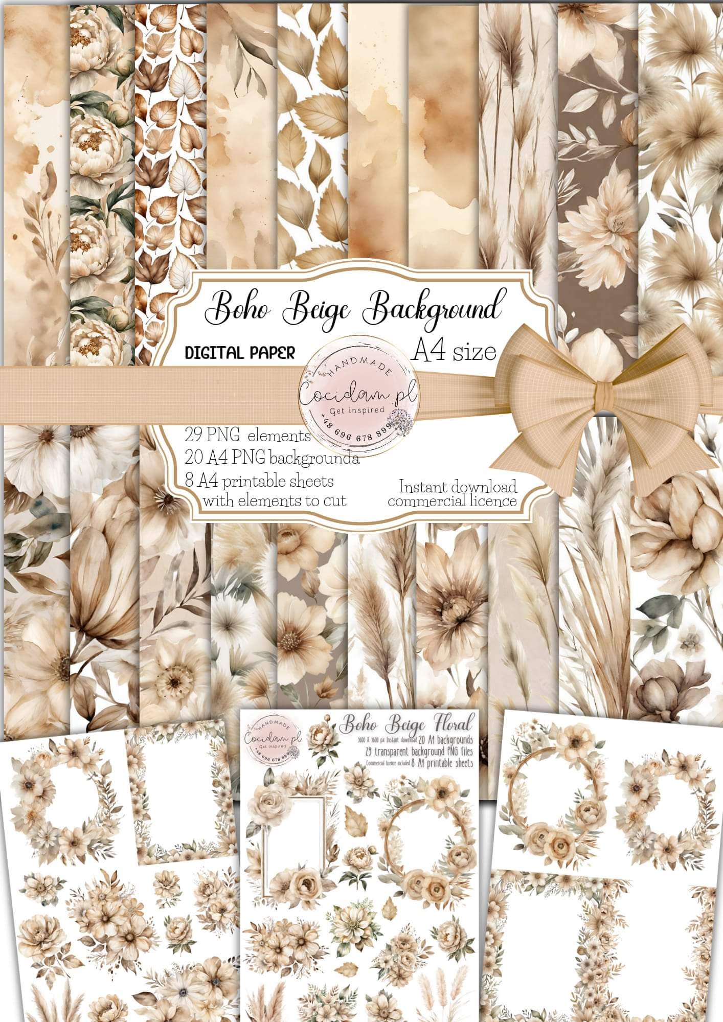 Boho Floral Background Clipart Set Transparent Background PNG Instant ...