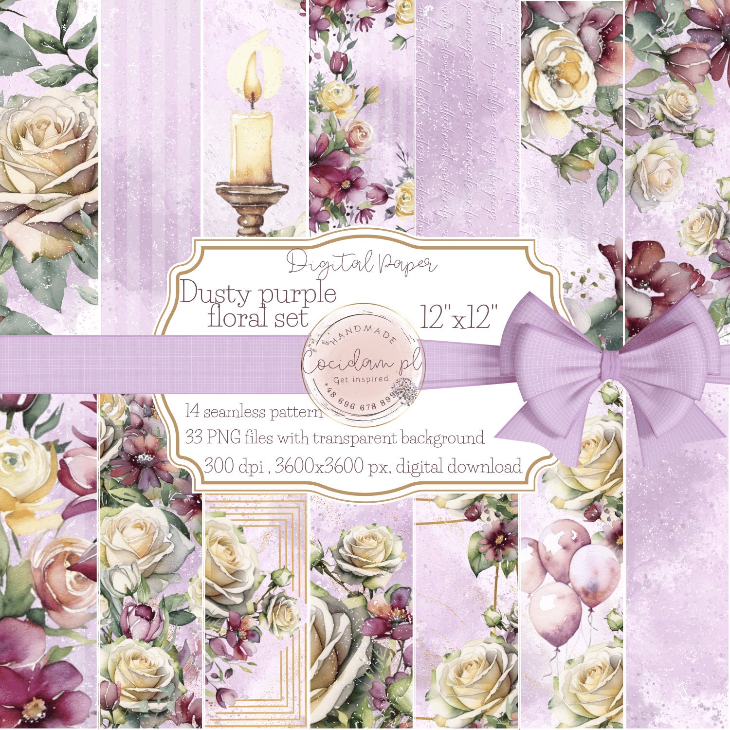 Digital Paper Seamless Pattern Clipart Set Dusty Purple Floral ...