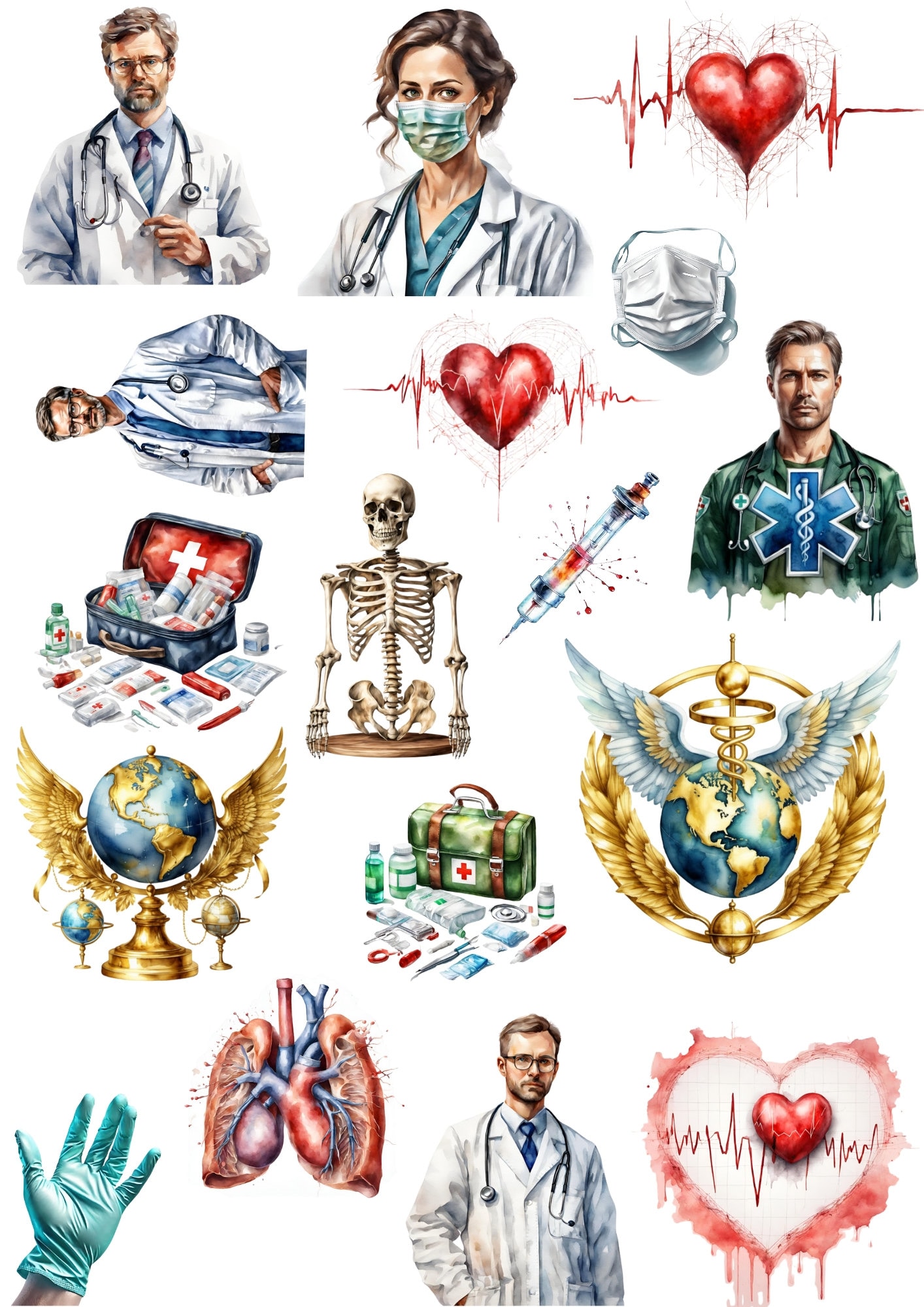 Medicine Watercolor Clipart Set, Nurse Ambulance Medical Rescue Doctors ...