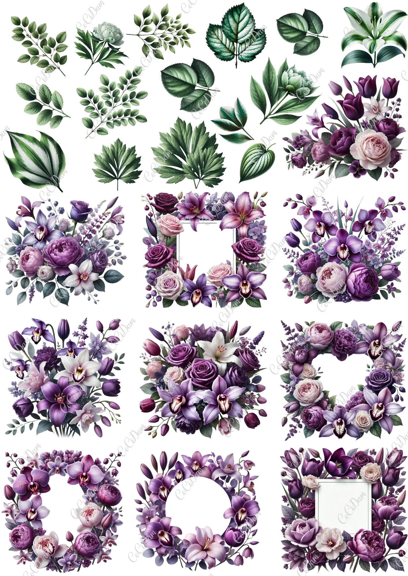 Purple Flower Collection: 50 Pngs, 26 A4 Backgrounds, 5 Cut-out Sheets ...