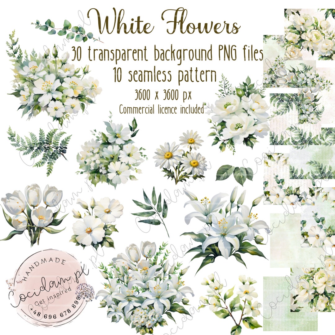 Digital Paper Seamless Pattern Clipart Set "white Flowers", Commercial ...