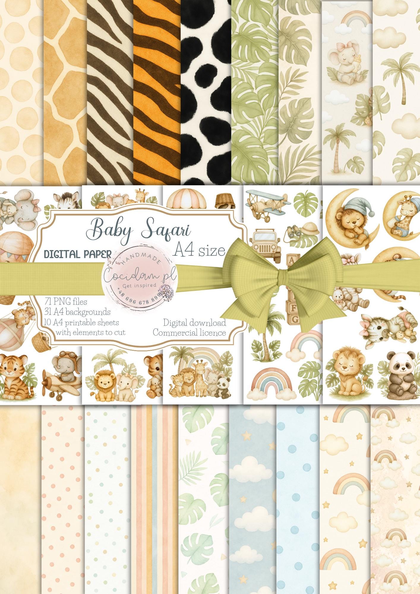 Baby Safari - Set of 71 PNG Graphics + 31 A4 Backgrounds + 10 Cutting ...