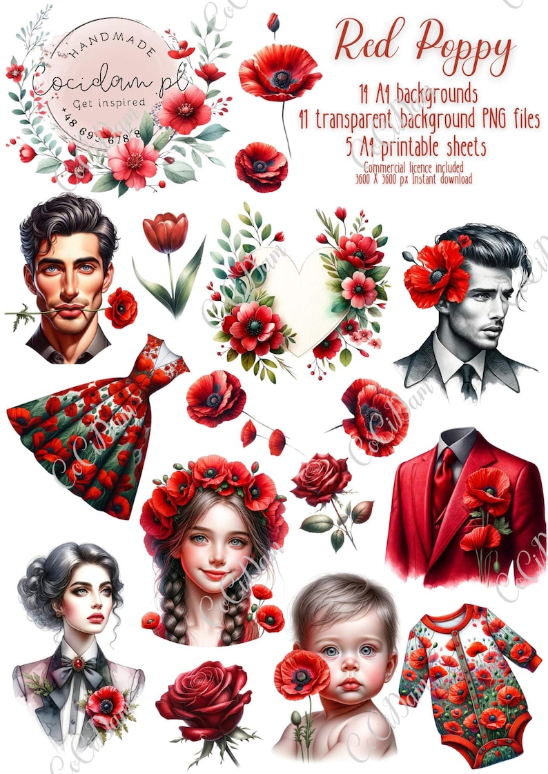 Digital Paper Pattern Clipart Set Red Poppy Commercial Licence Instant ...