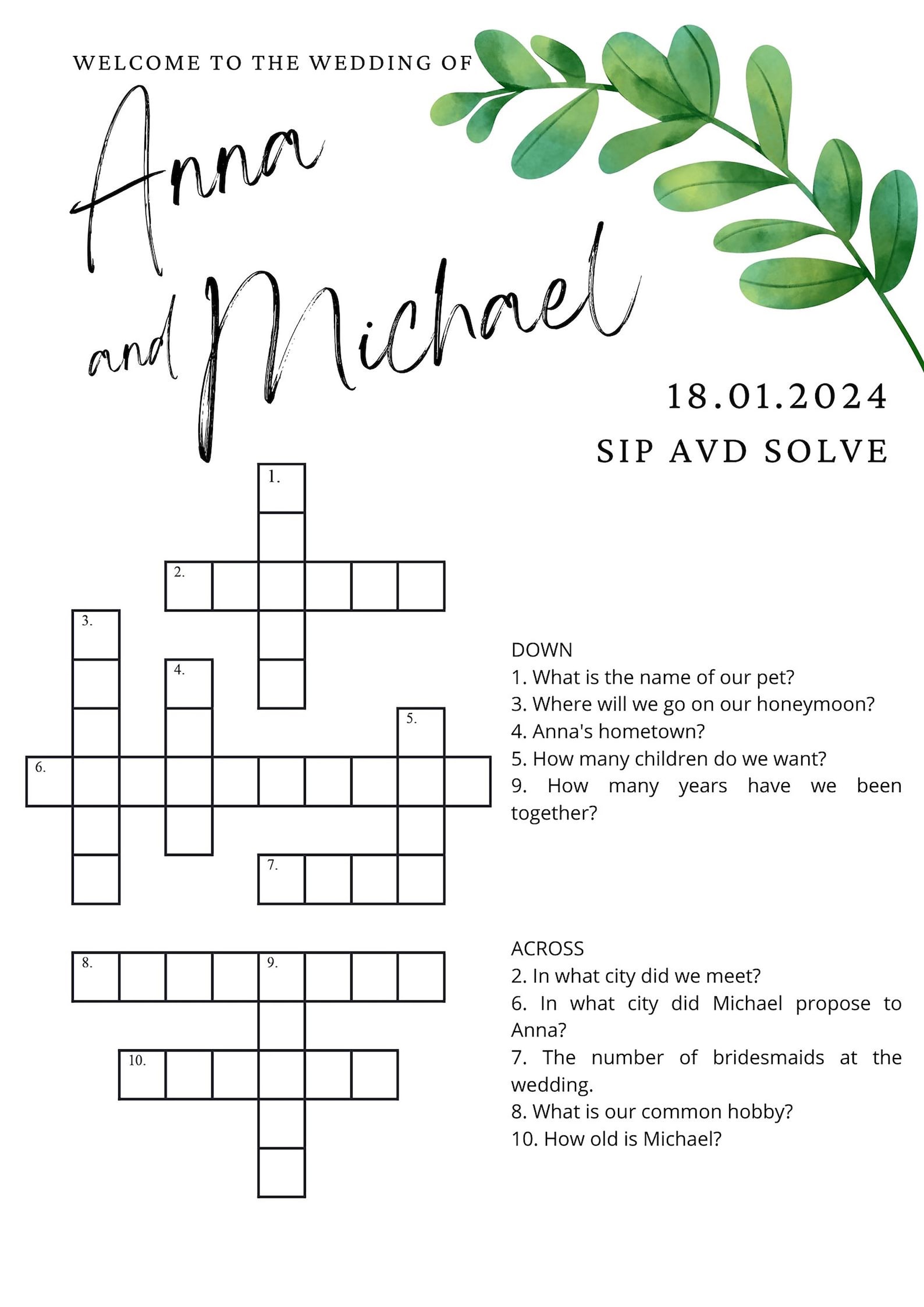 Custom Wedding Crossword Puzzle Template, Engagement Party Game ...