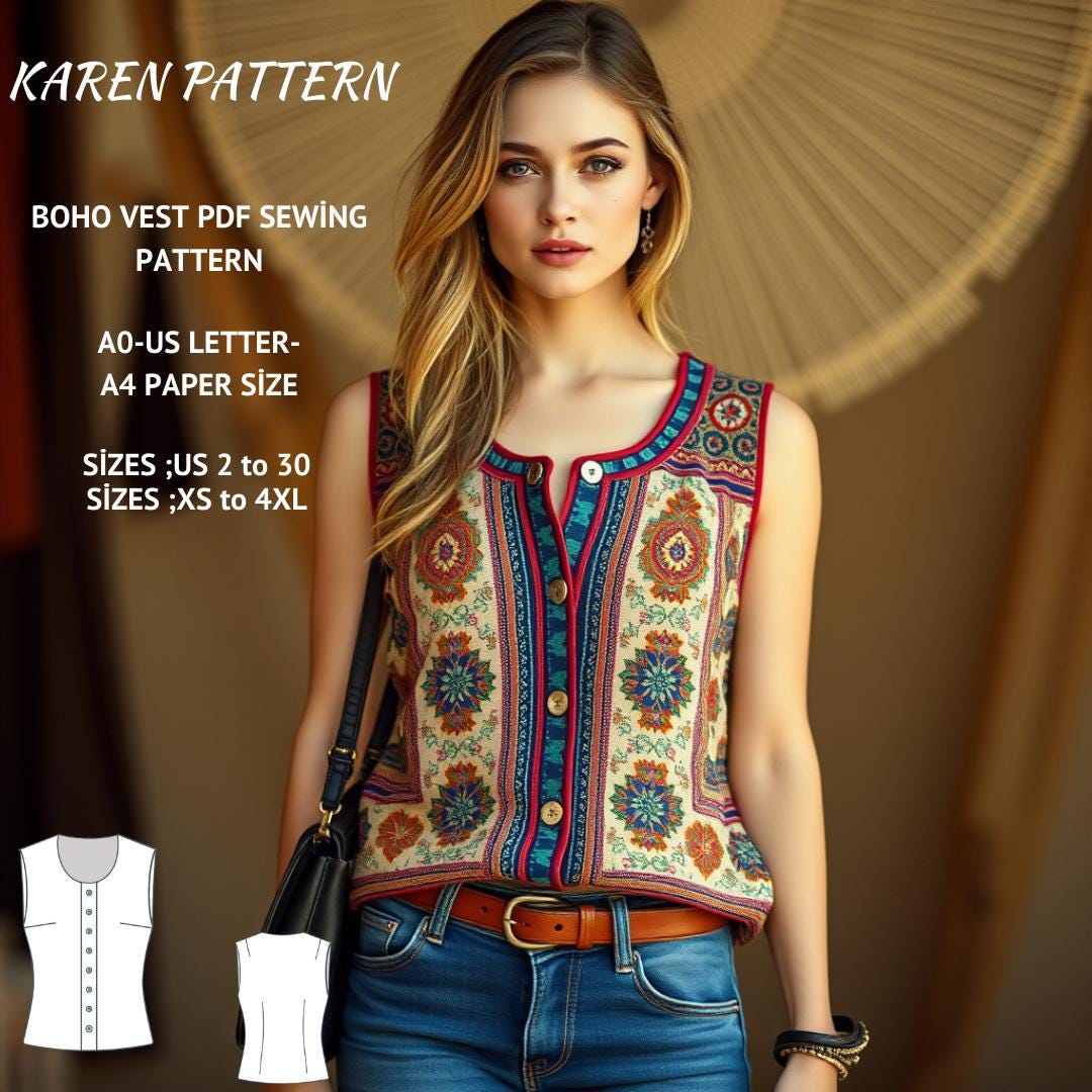 Women's Boho Vest Sewing Pattern, Vest Sewing Pattern, Boho Style Vest ...