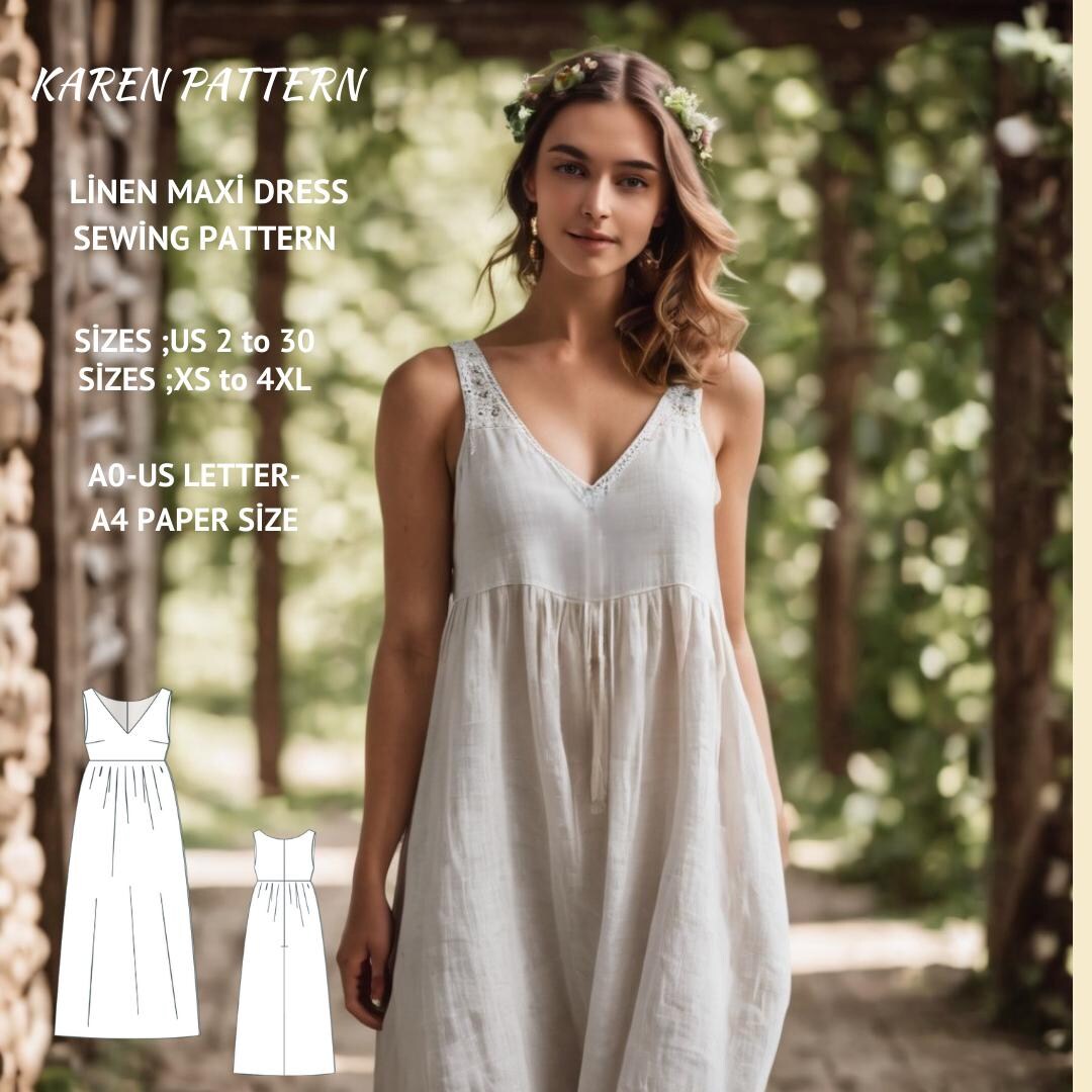 Long Linen V-neck Dress,pdf Sewing Pattern,gathering Dress,sleeveless ...
