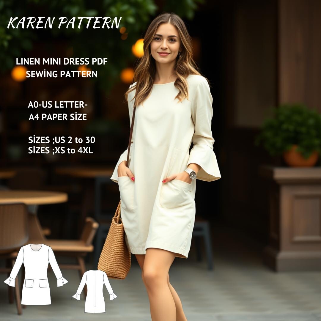 Linen Pinafore Dress Sewing Pattern, Mini Sundress With Pockets (XS/4XL ...