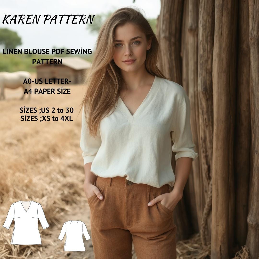 Vintage Linen V-neck Blouse Sewing Pattern(xs-4xl) (PDF Pattern) - Etsy