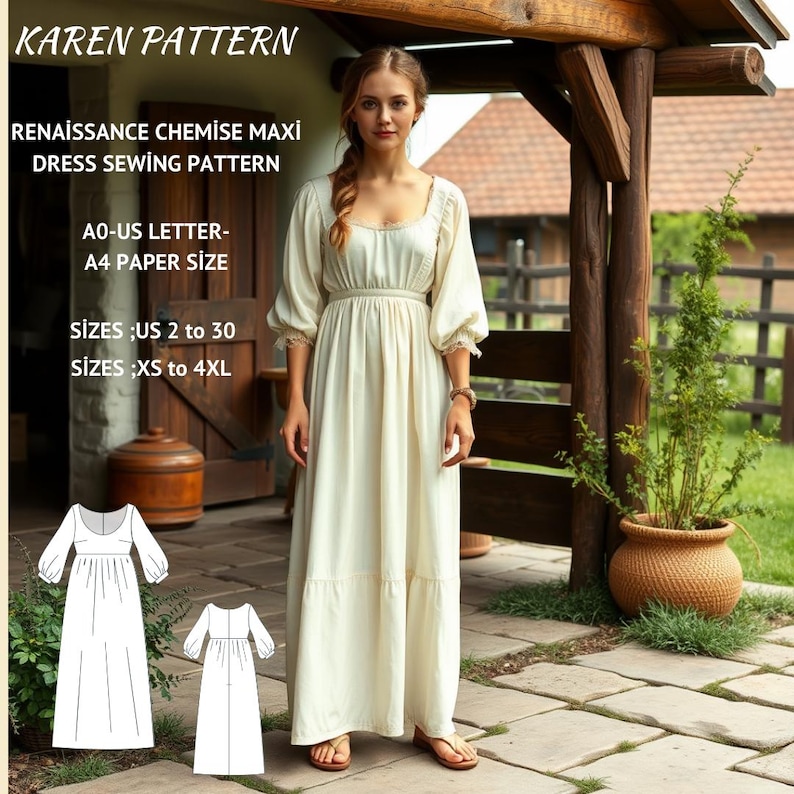 Renaissance Chemise Maxi Dress Sewing Pattern (A0 A4 US Letter) - Etsy