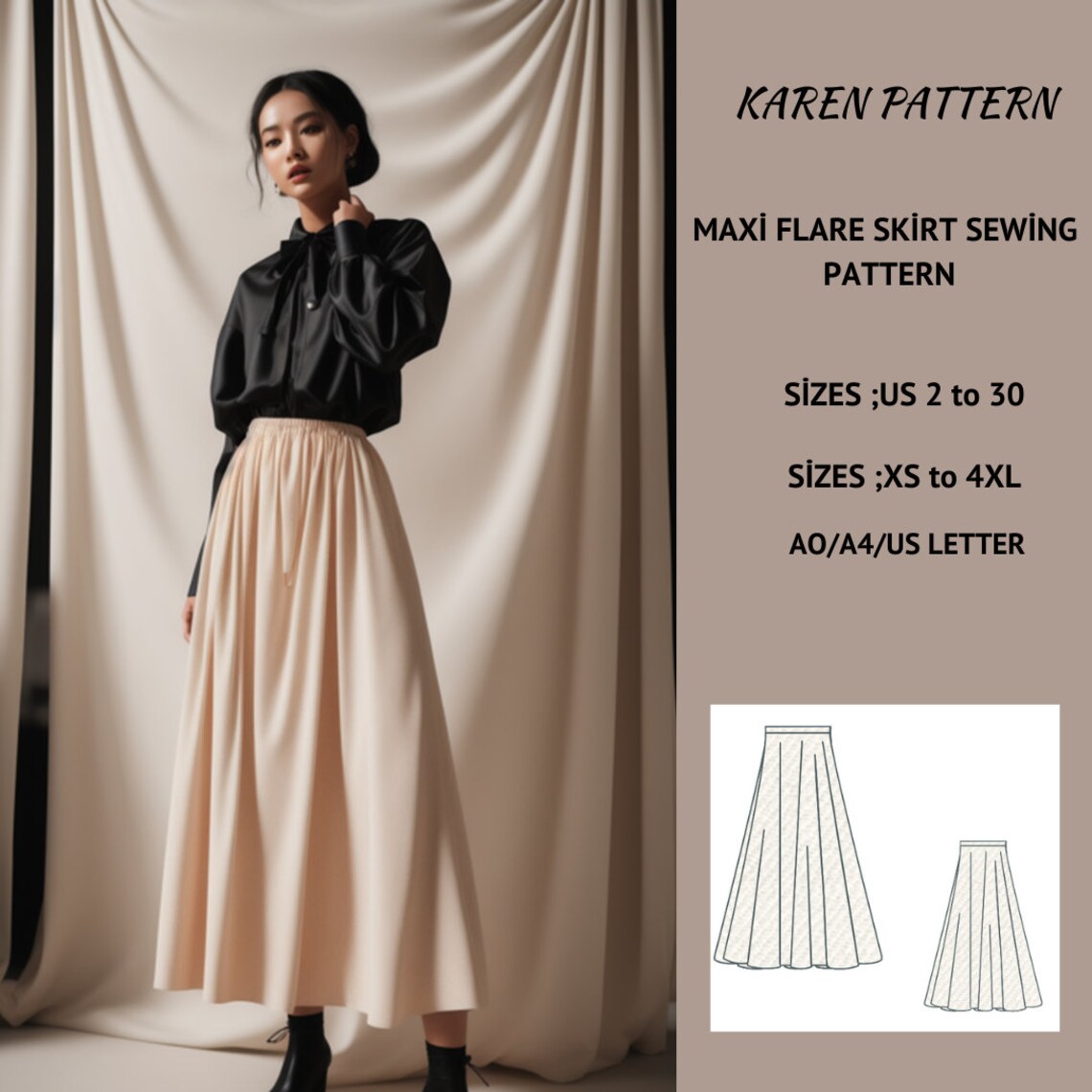 Maxi Flare Skirt Sewing Pattern,ladies Size US 2 to 30, A0 A4 US Letter ...
