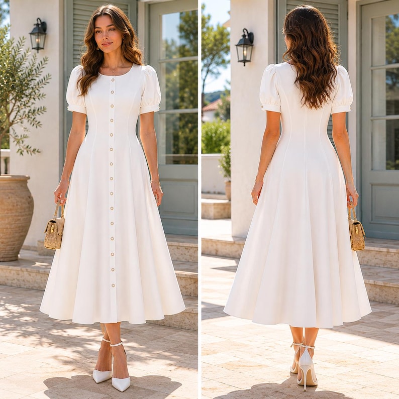 Cottagecore Midi Dress Sewing Pattern, Puff Sleeve Linen Dress PDF ...