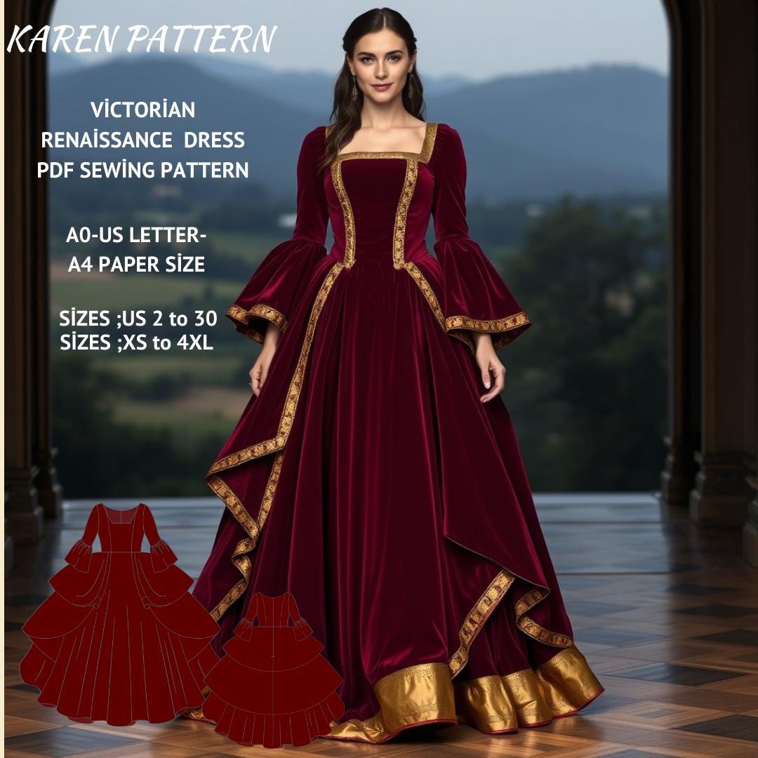Renaissance Dress Sewing Pattern:victorian Cosplay, Elvish Gown (A0 A4 ...