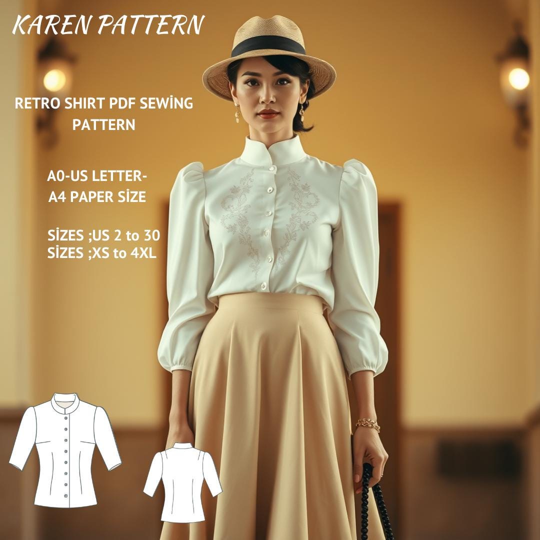Retro Mandarin Neck Shirt Sewing Pattern: US 2-30, XS-4XL (PDF Pattern ...