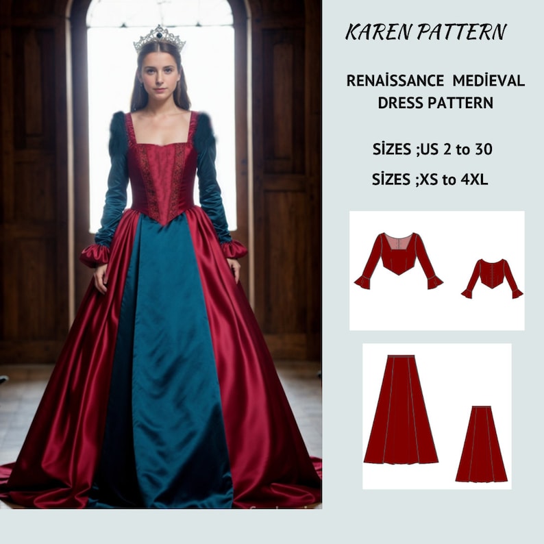 Renaissance Medieval Dress Sewing Pattern, Cosplay Costume (PDF Pattern ...