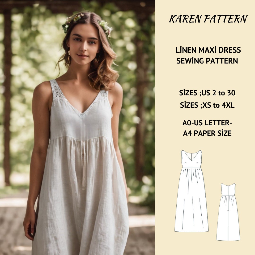 Long Linen V-neck Dress,pdf Sewing Pattern,gathering Dress,sleeveless ...