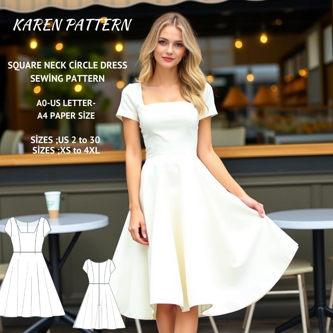 Square Neck Circle Dress Sewing Pattern:xs-4xl (A4/US Letter) (PDF ...